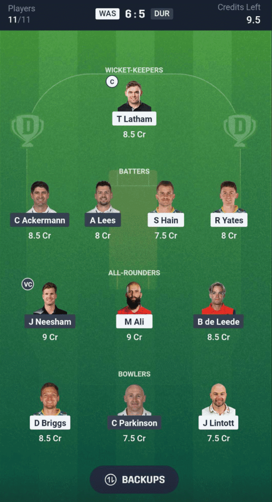 WAS vs DUR Dream11 Prediction Today T20 Blast (31 May 2025)