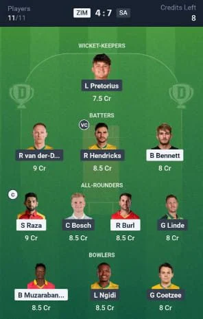 ZIM vs SA Dream11 Prediction 1st T20I Tri-Series (14 July 2025)