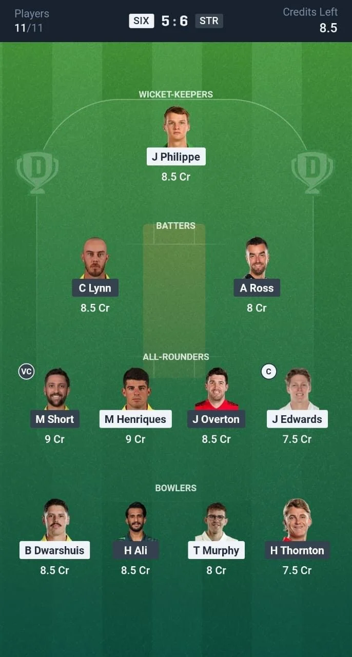 SIX vs STR Dream11 Prediction Today BBL (17 Dec 2025)