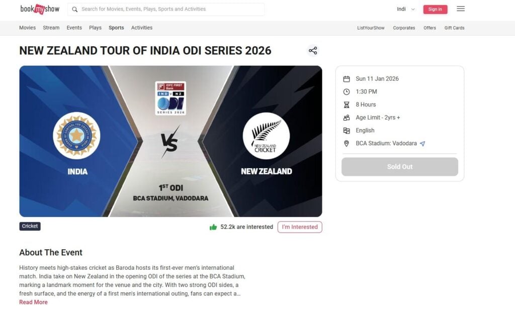 IND vs NZ 2026 ODI Tickets: Prices, Venue & Booking Info