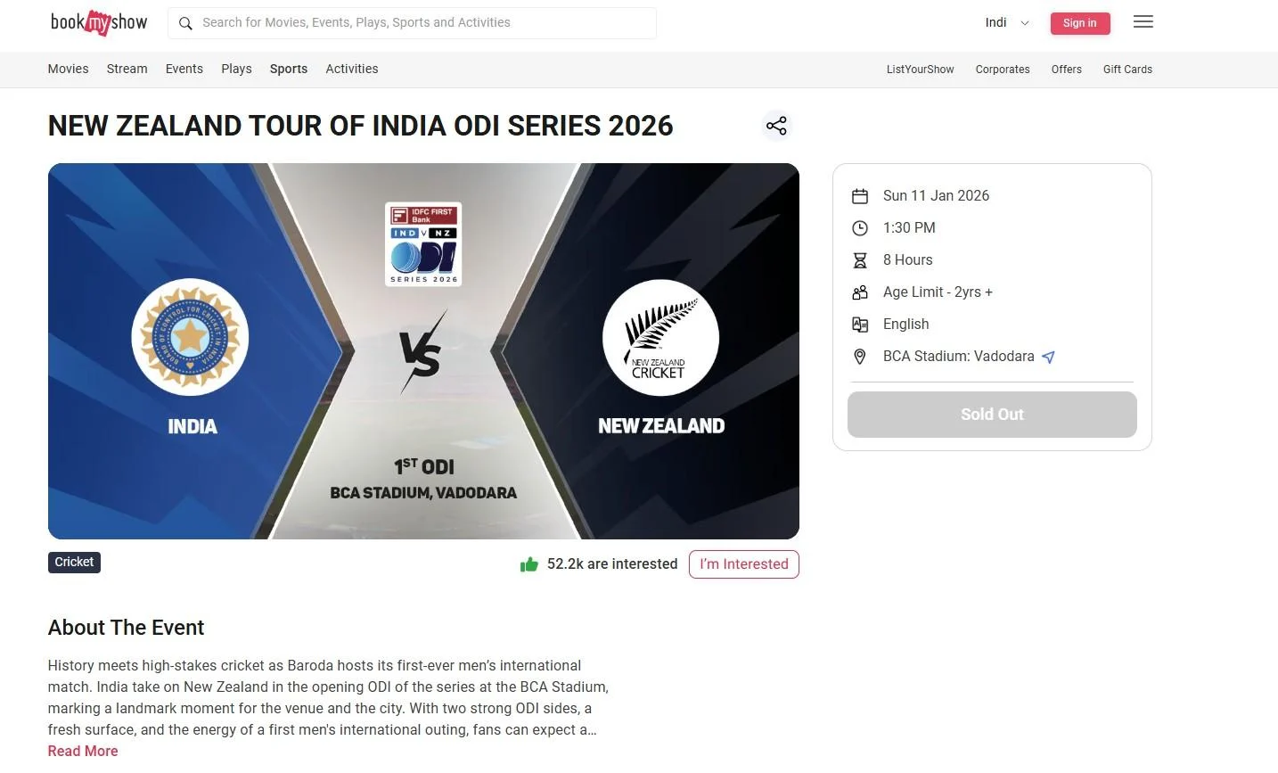 IND vs NZ 2026 ODI Tickets: Prices, Venue & Booking Info